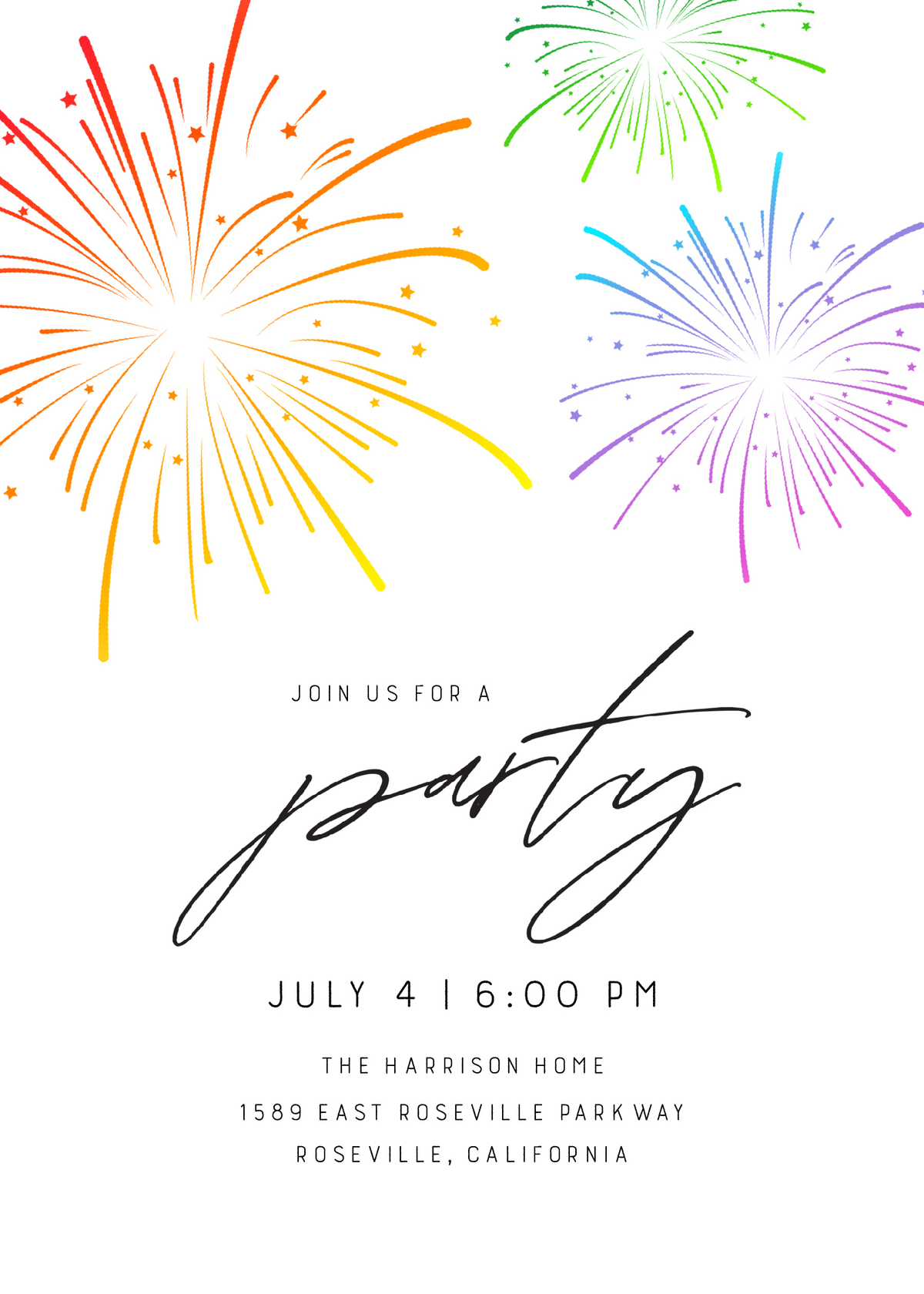 Rainbow Fireworks Invitation - 4th of July